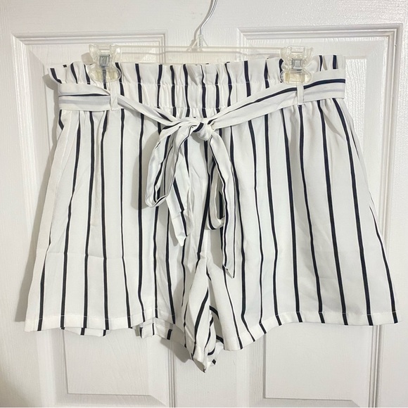 SHEIN | Shorts | Shein White Black Striped Paper Bag Tie High Waist ...